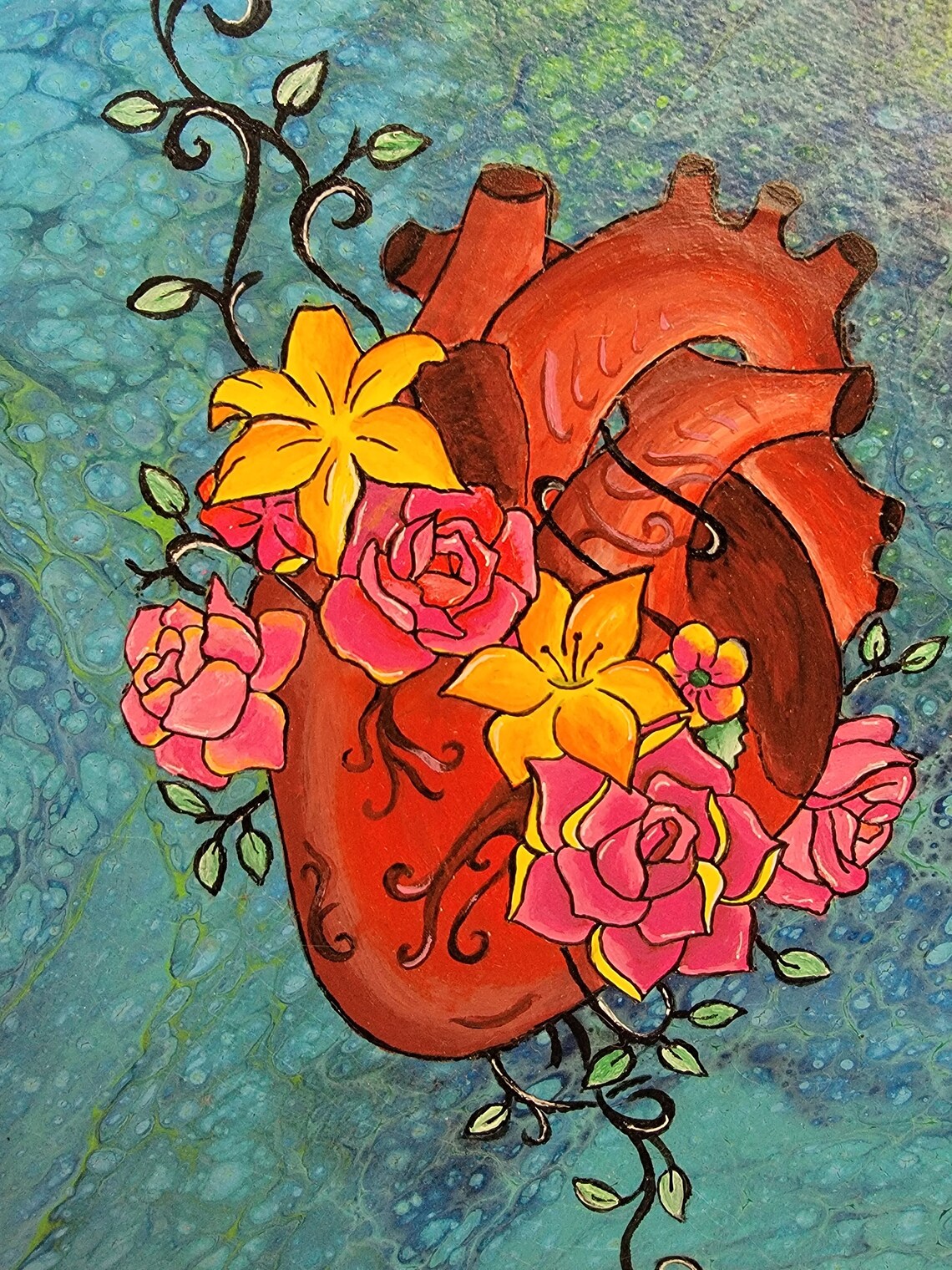Anatomical Human Heart With Flowers Acrylic Pour Painting Unique Gift ...