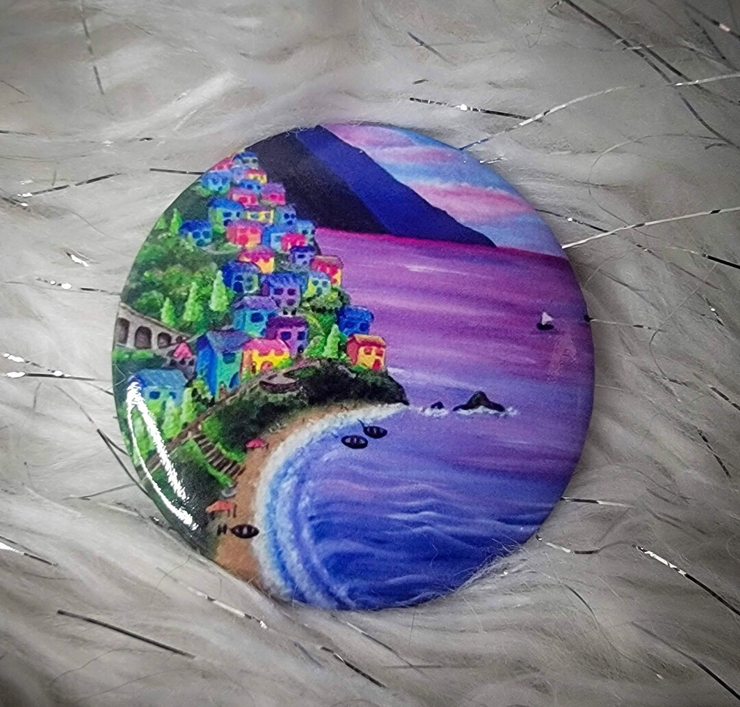 Artsy Pin Button for Backpacks & Jackets, Painting Trippy Beach Dream ...