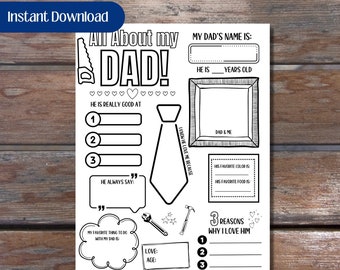 PRINTABLE All About My Dad Fill in the Blank and Color Gift, Birthday ...