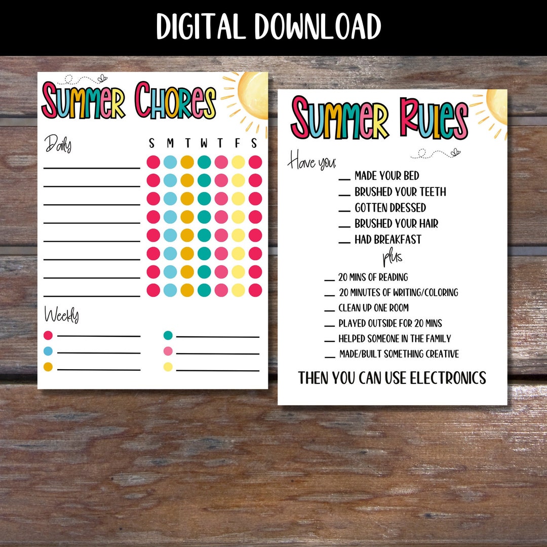 Summer Chore Chart and Rule Bundle (PDF & PNG Files) - Etsy