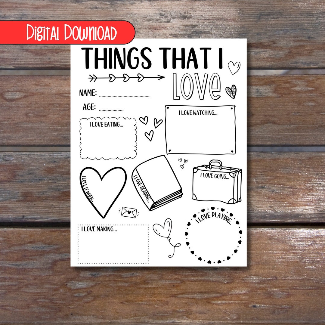 Things I Love - Valentine Worksheet for Kids - Etsy