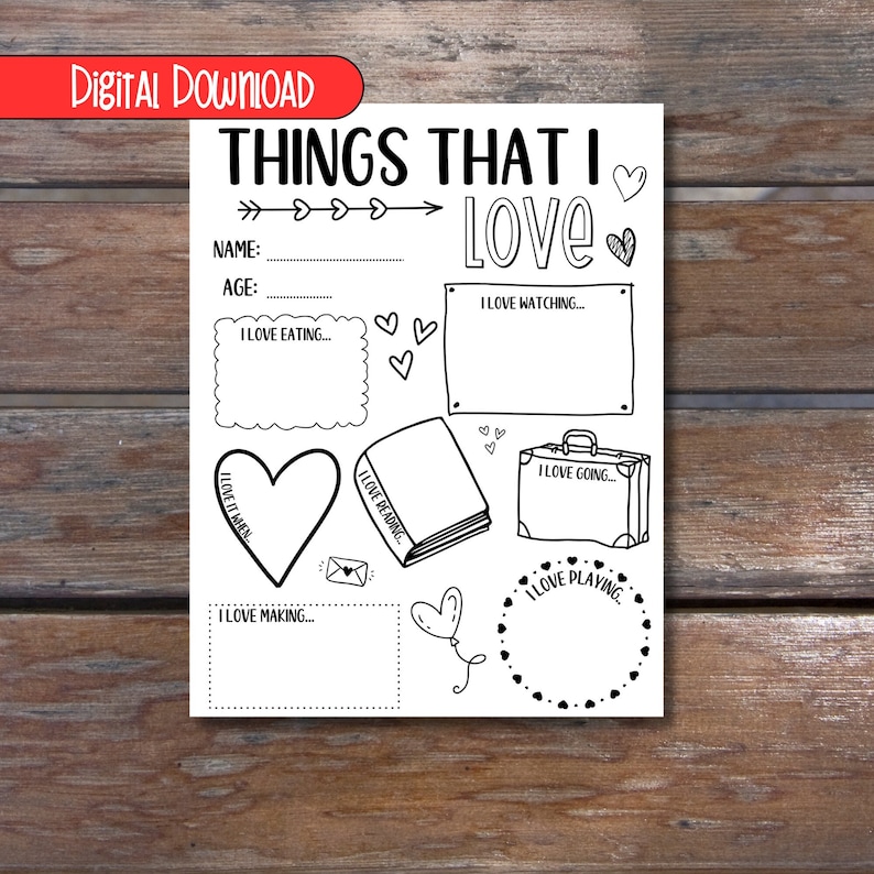 Things I Love - Valentine Worksheet for Kids - Etsy