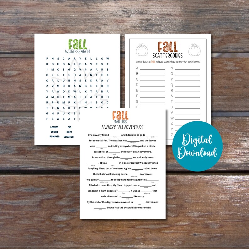 Printable Fall Games Bundle: Scattergories, Word Search, Mad Libs (PDF ...