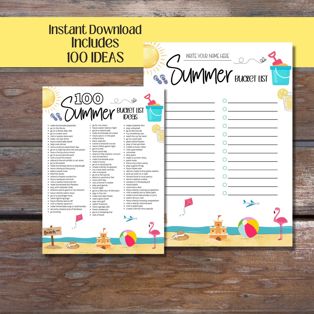 Printable Summer Bucket List , Blank Bucket List, 100 Ideas, Summer to ...
