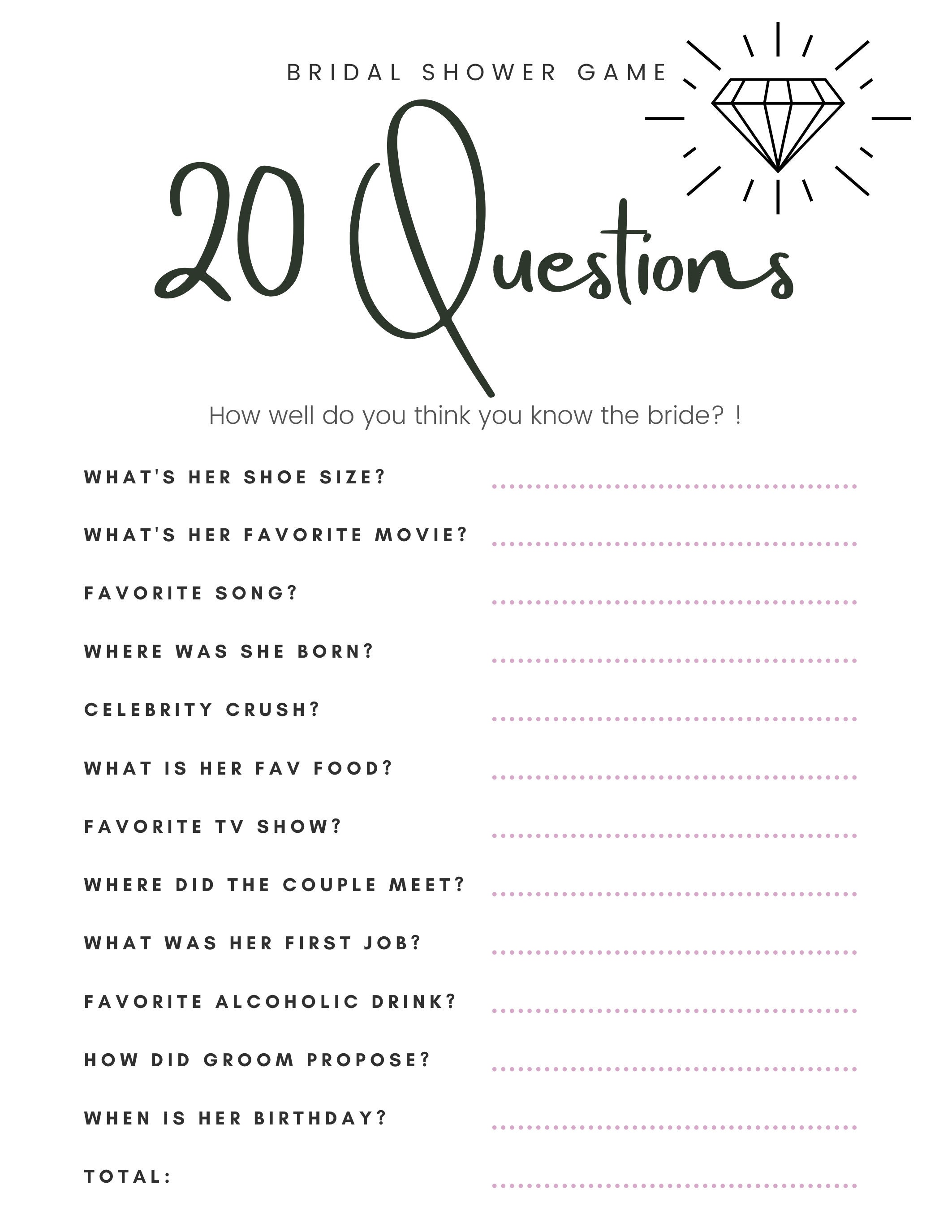 20 Questions, Bridal Shower, Bachelorette Party Game, Funny Bridal Game ...