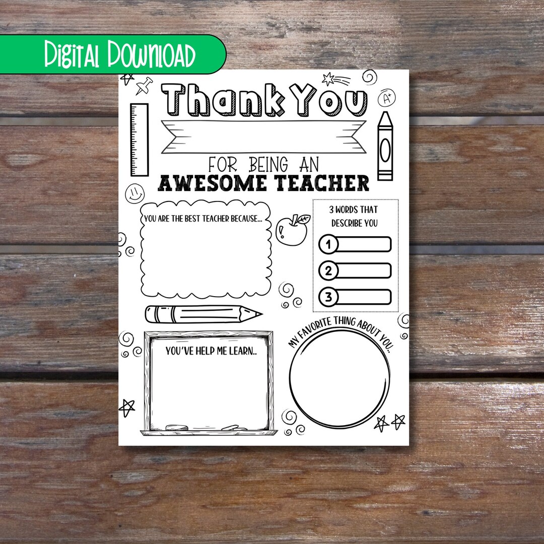 Teacher Appreciation Worksheet for Kids - Etsy