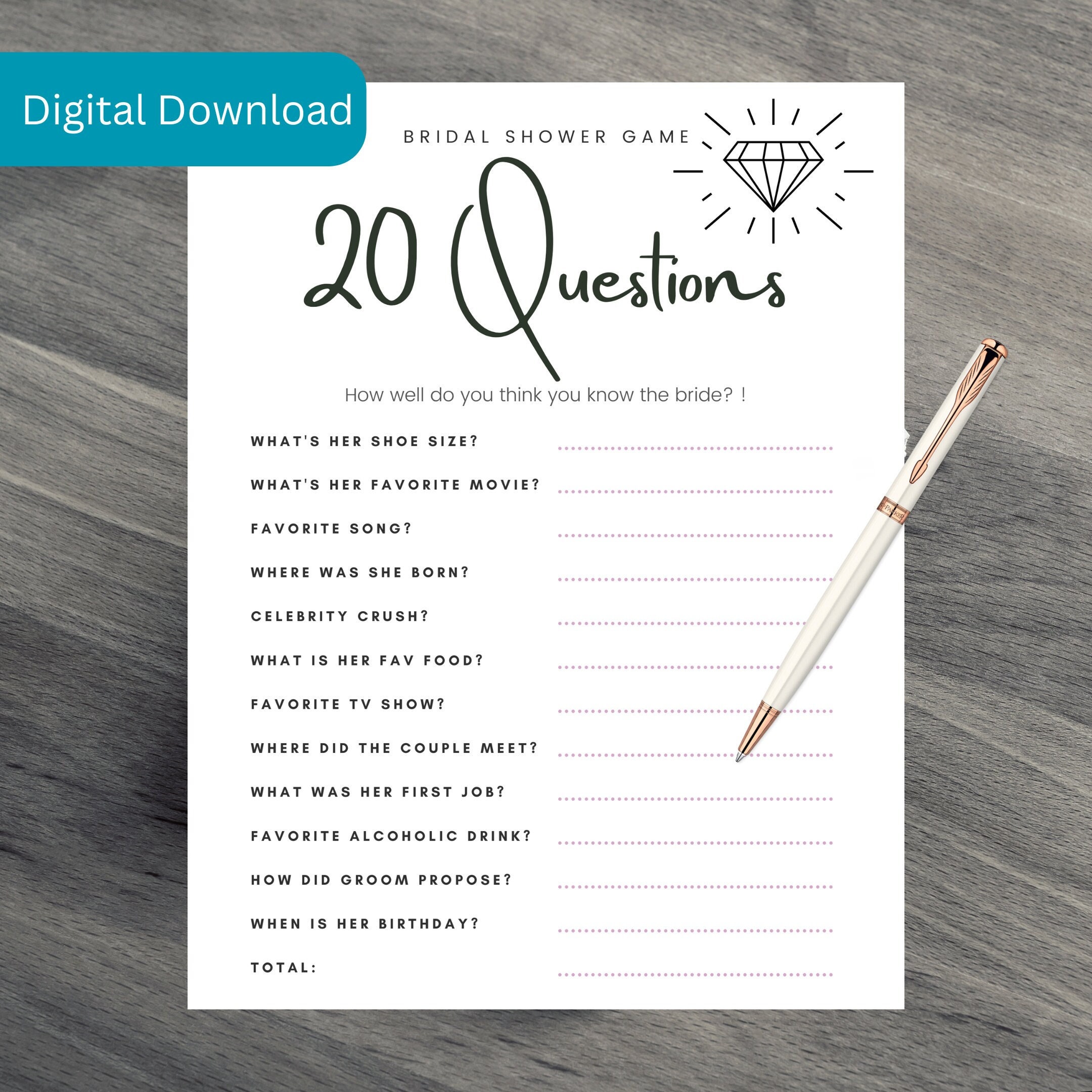 20 Questions, Bridal Shower, Bachelorette Party Game, Funny Bridal Game ...
