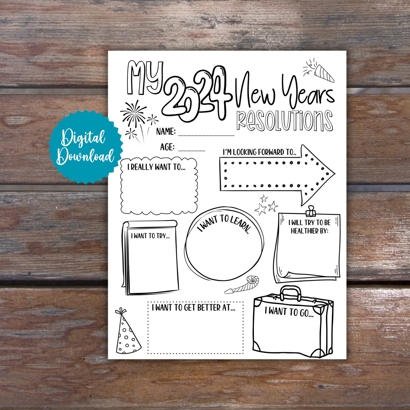 2024 New Year's Resolutions Coloring Page for Kids Printable Digital ...