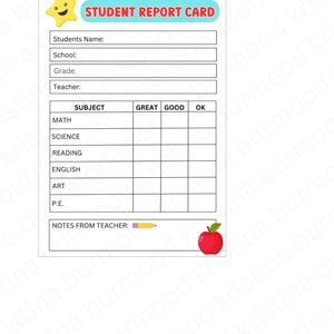 Printable Pretend Play Report Card School Play for Kids Instant ...