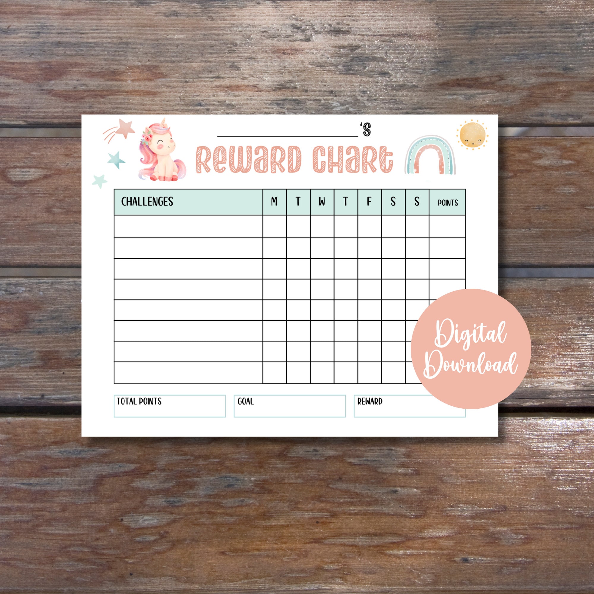 Reward Chart | Printable With 8 Spots for Custom Challenges | Monday to ...