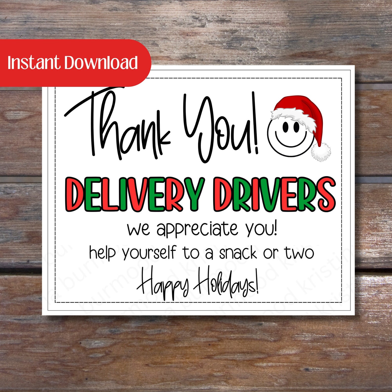 Christmas Delivery Driver Thank You Sign: Snack Printable (PDF) - Etsy