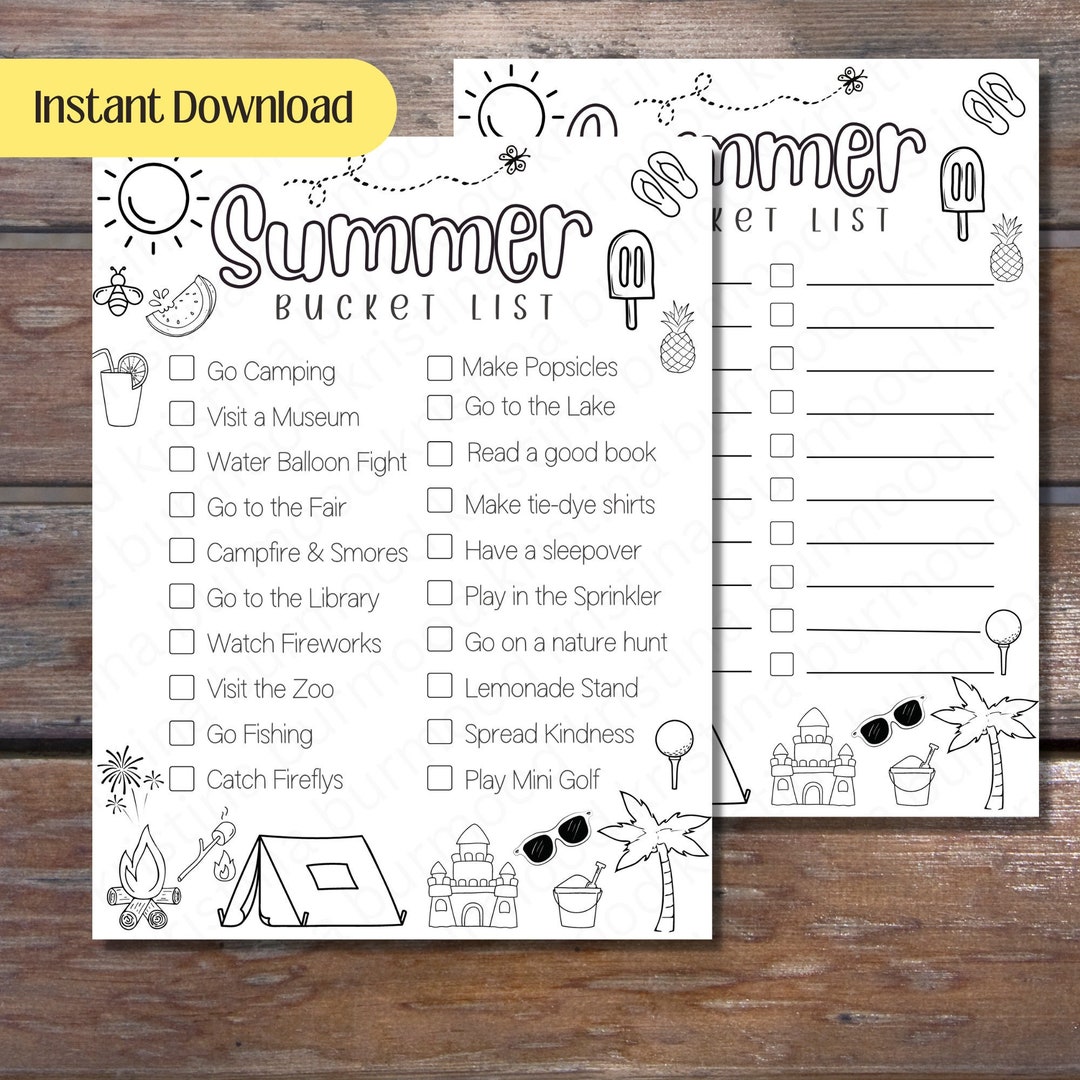 Printable Summer Bucket List, Blank Bucket List, Summer Activities ...