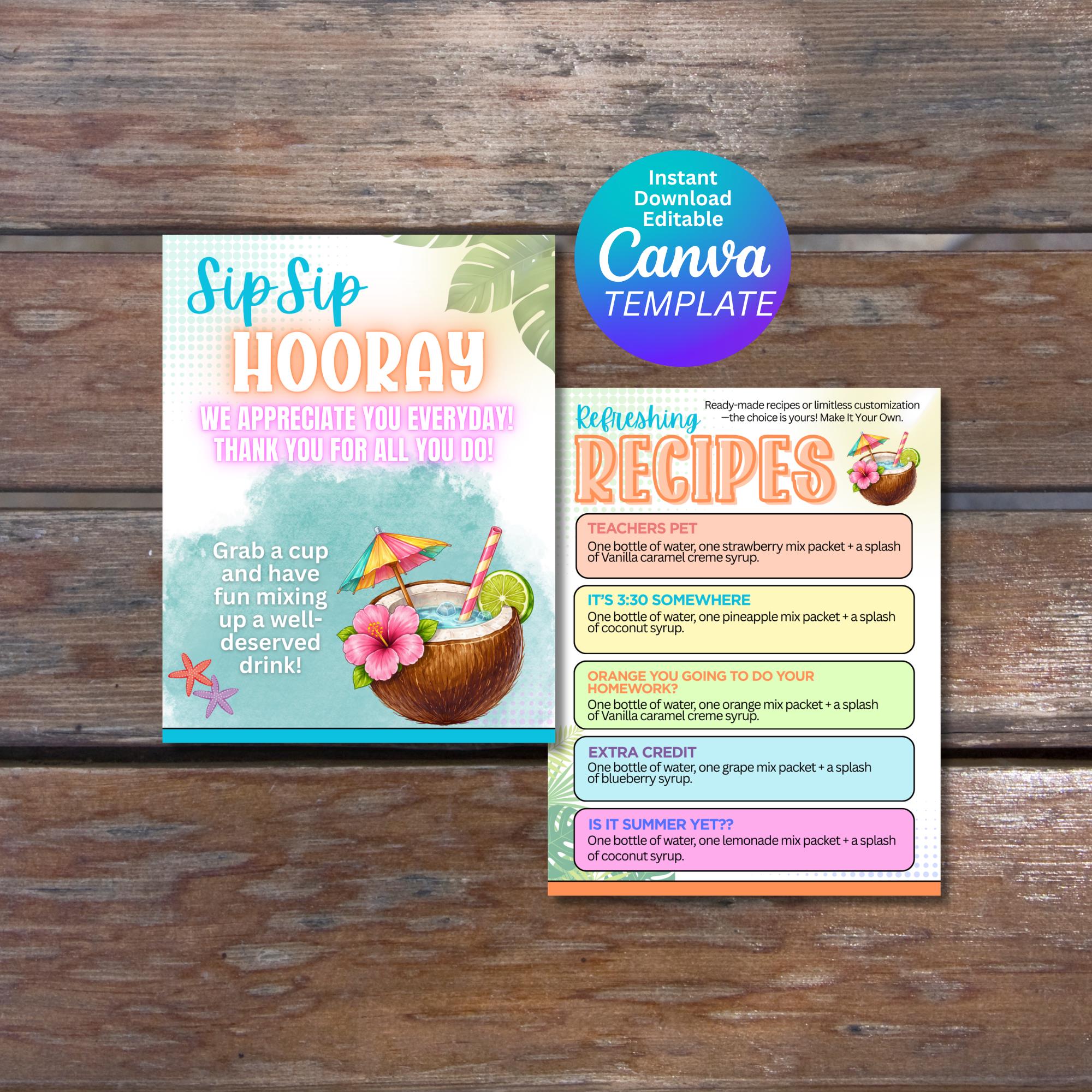 Editable Hydration Station Recipe Menu | Canva Template | Sip Sip ...