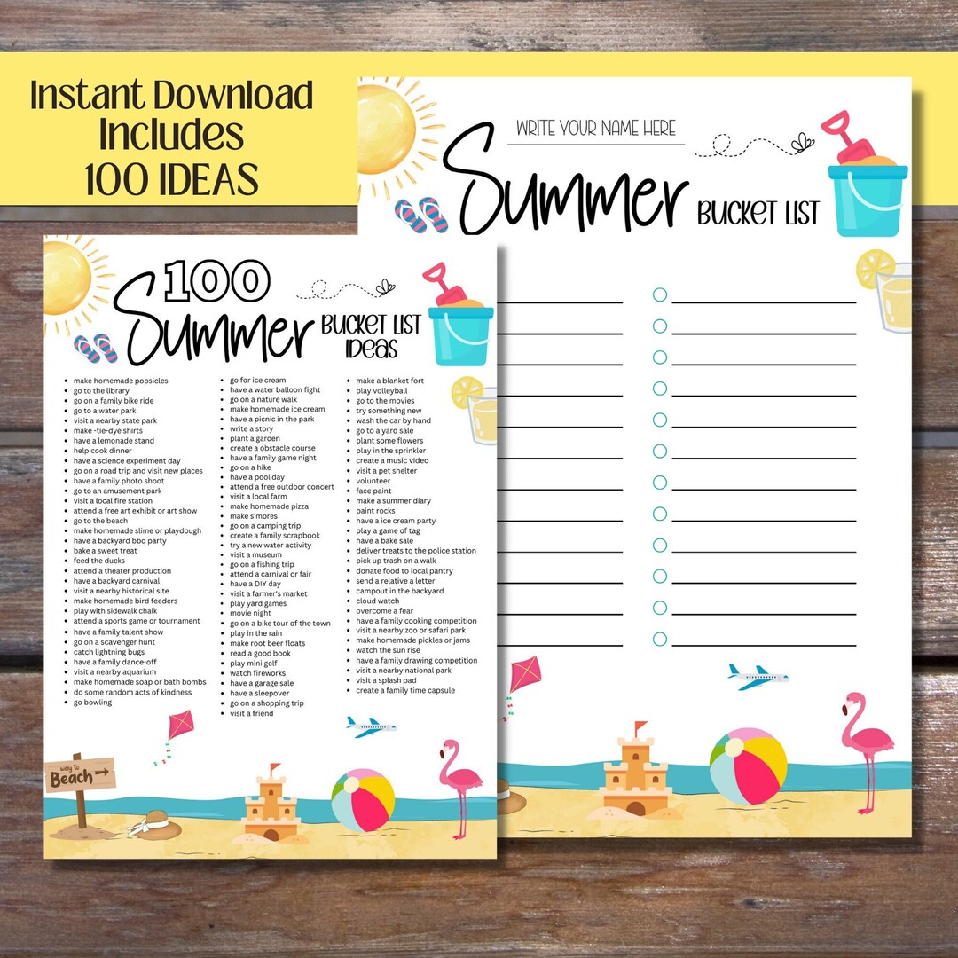 Printable Summer Bucket List , Blank Bucket List, 100 Ideas, Summer to ...