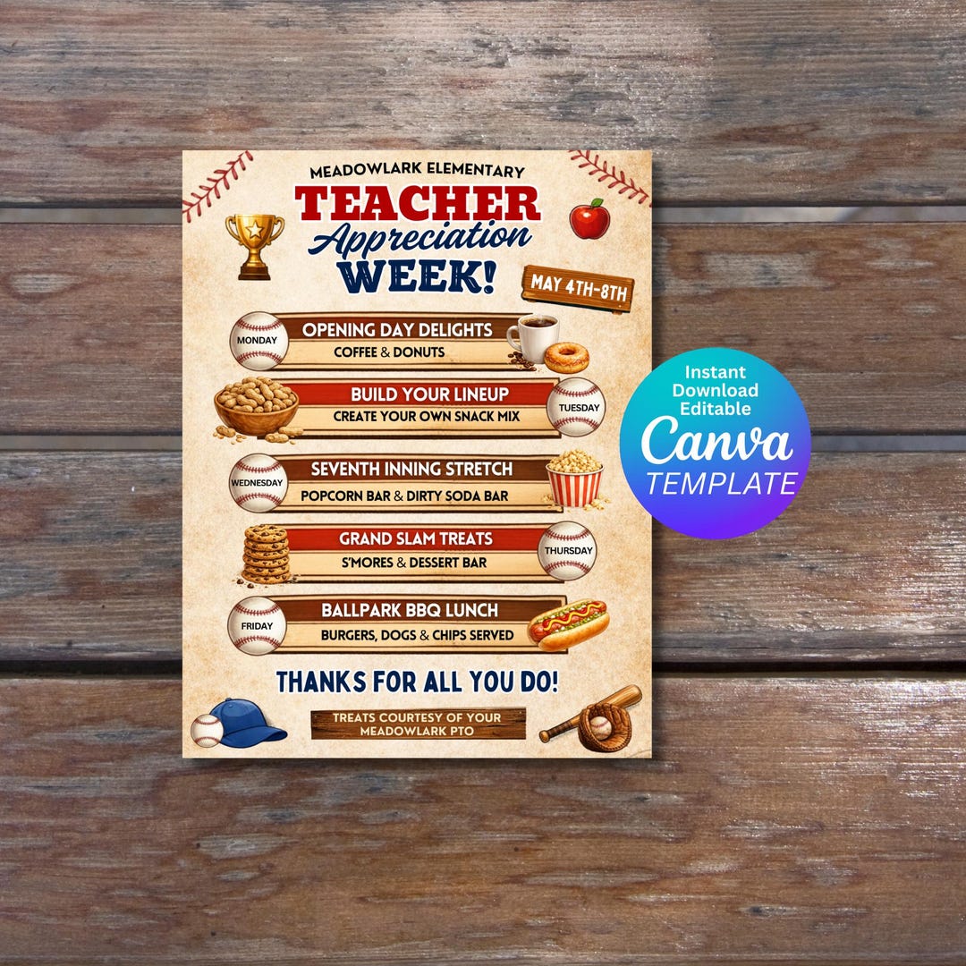 Baseball Teacher Appreciation Week Flyer Template | Editable Canva PTO ...