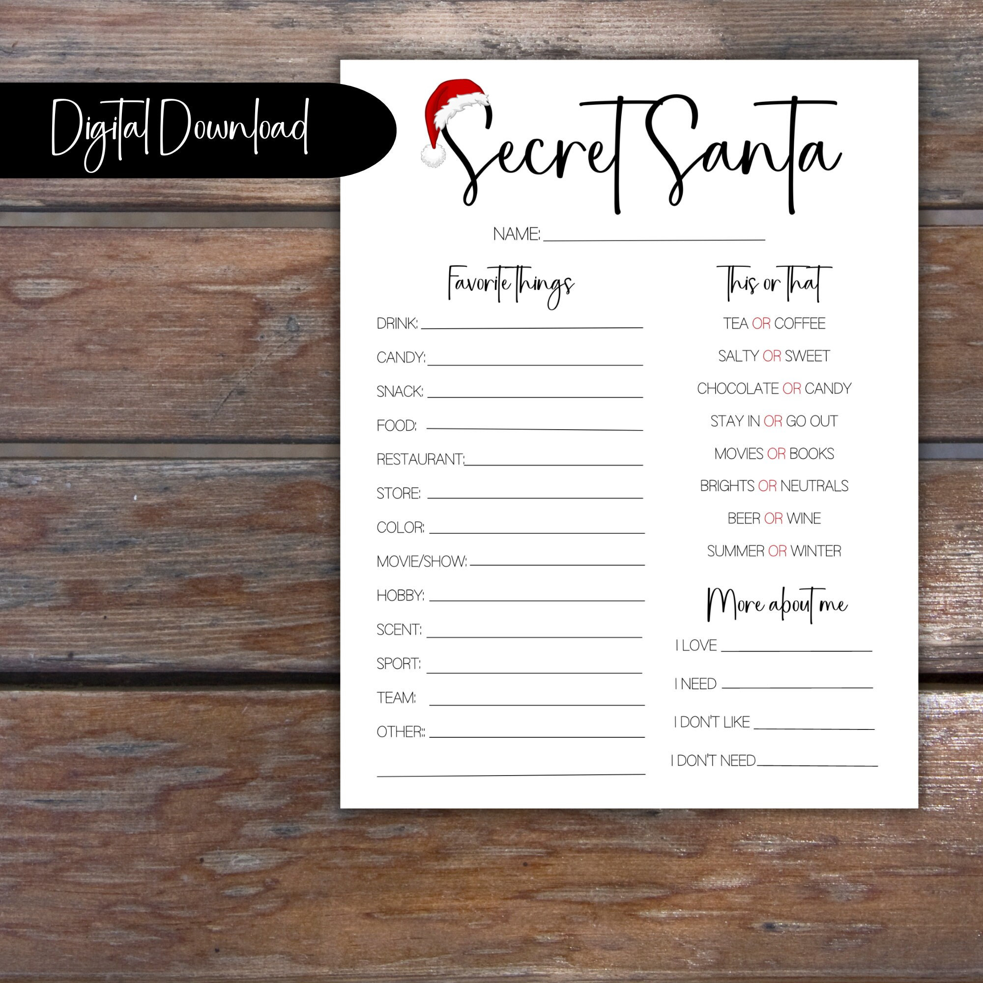 Secret Santa Printable Survey - Etsy