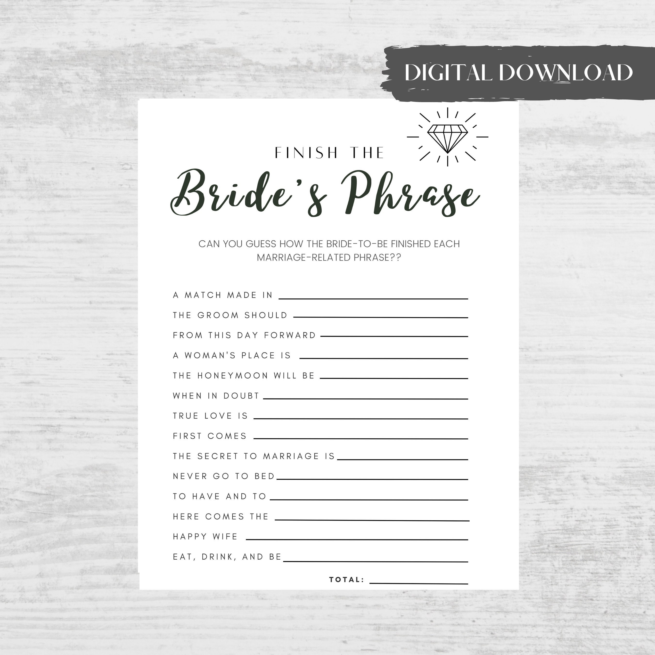 Finish the Bride's Phrase, Finish the Sentence Game for Bachelorette ...