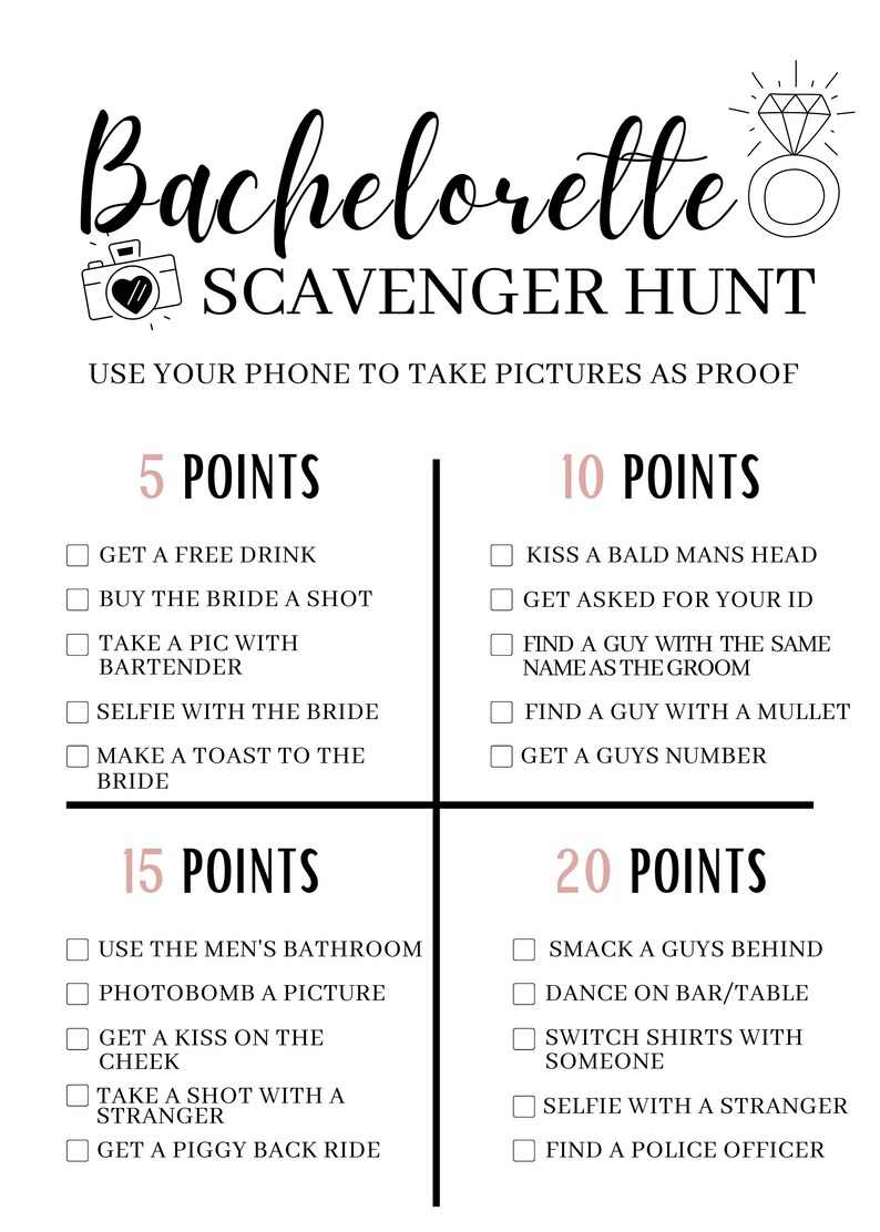 Bachelorette Scavenger Hunt Game, Funny Bridal Game, Printable Game - Etsy