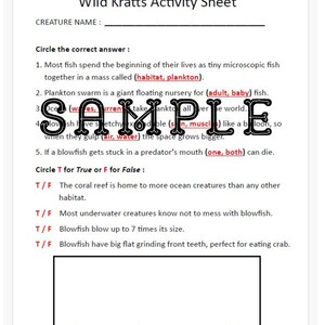Printable Educational Wild Kratts Video Lesson Sheets & Answer Key for ...