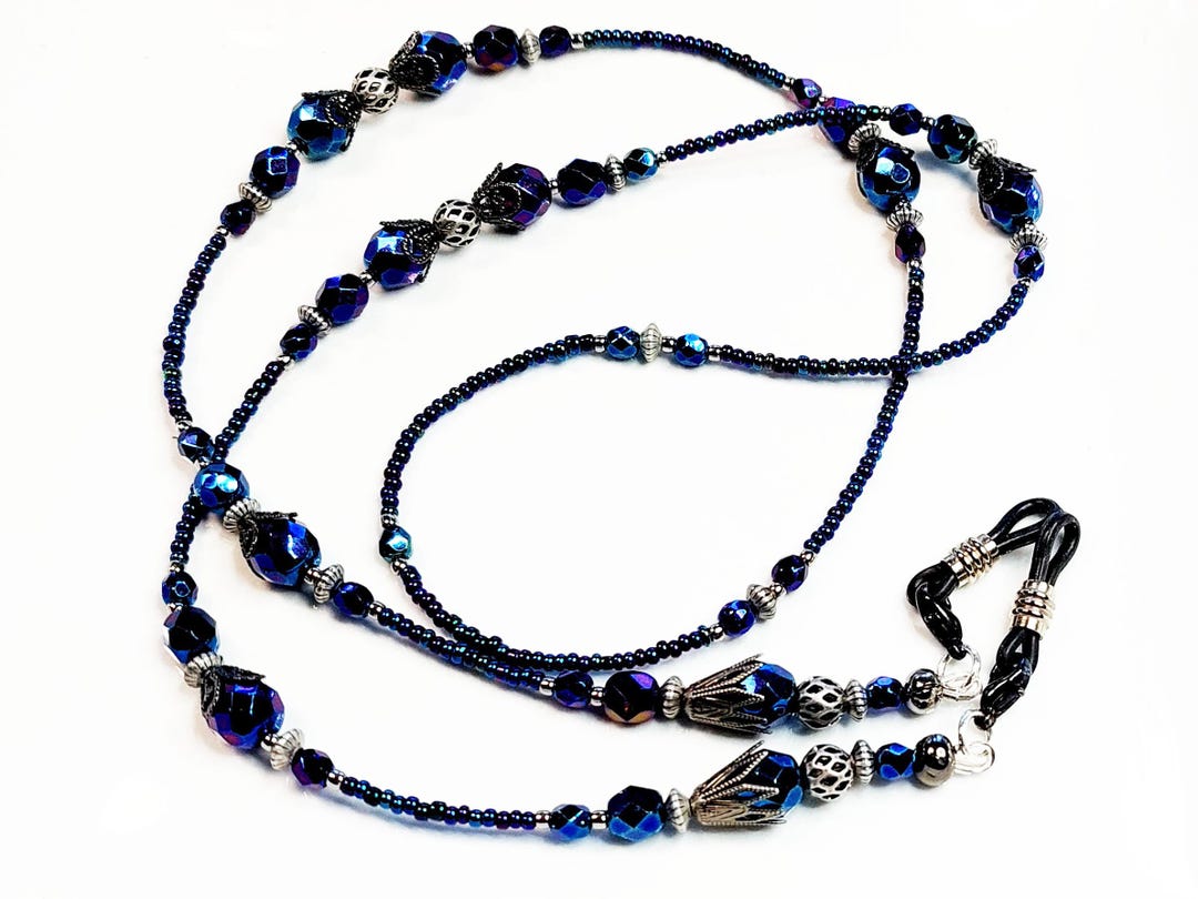 BOHO Beaded Eyeglass Chain Metallic Blue Eyeglass Lanyard Vintage Style ...
