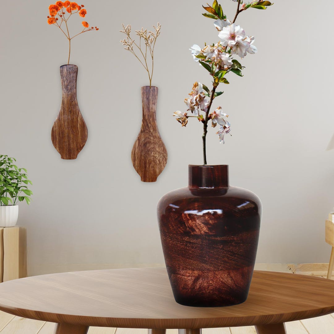 Set of 3 Table & Wall Flower Vase | Wooden Flower Holder | Wood Flower ...
