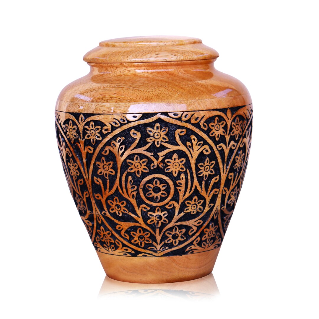 Hand Carved Wood Cremation Urn: Floral Design, Threaded Lid - Etsy