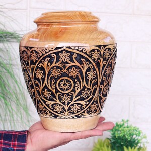 Hand Carved Wood Cremation Urn: Floral Design, Threaded Lid - Etsy