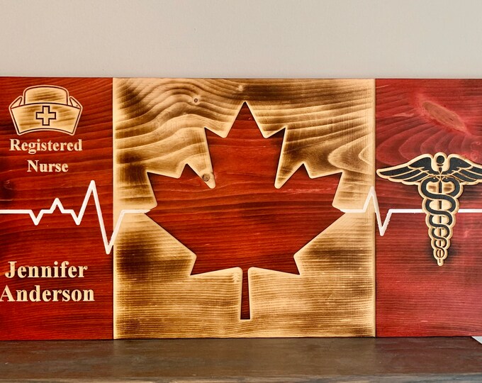 Personalized Caduceus & ECG Wooden Canada Flag for Nurses, Doctors or ...