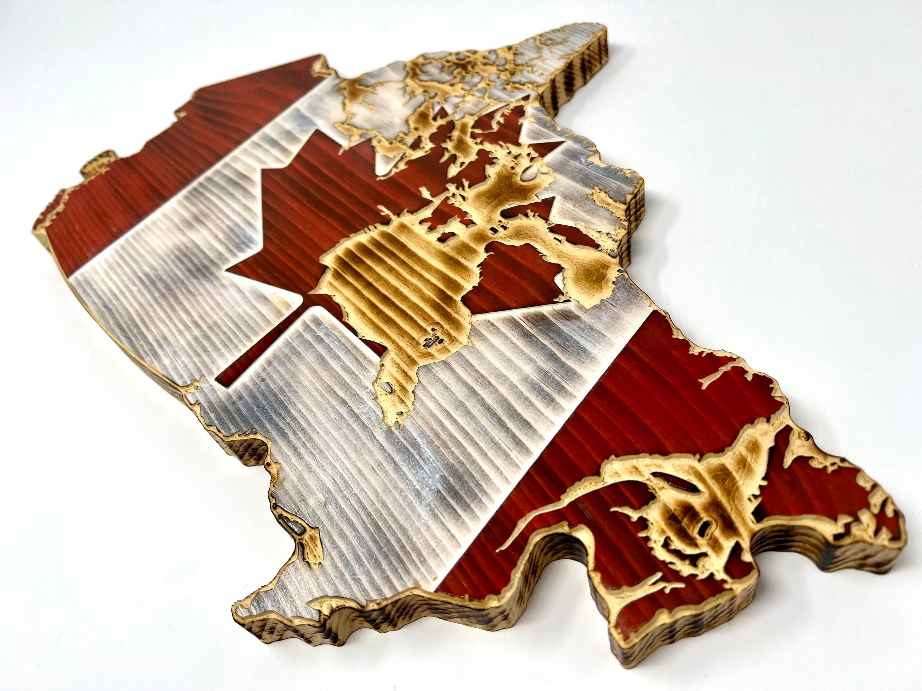 3D Wooden Canada Map Flag With Island Details Red & White Canada Shape ...