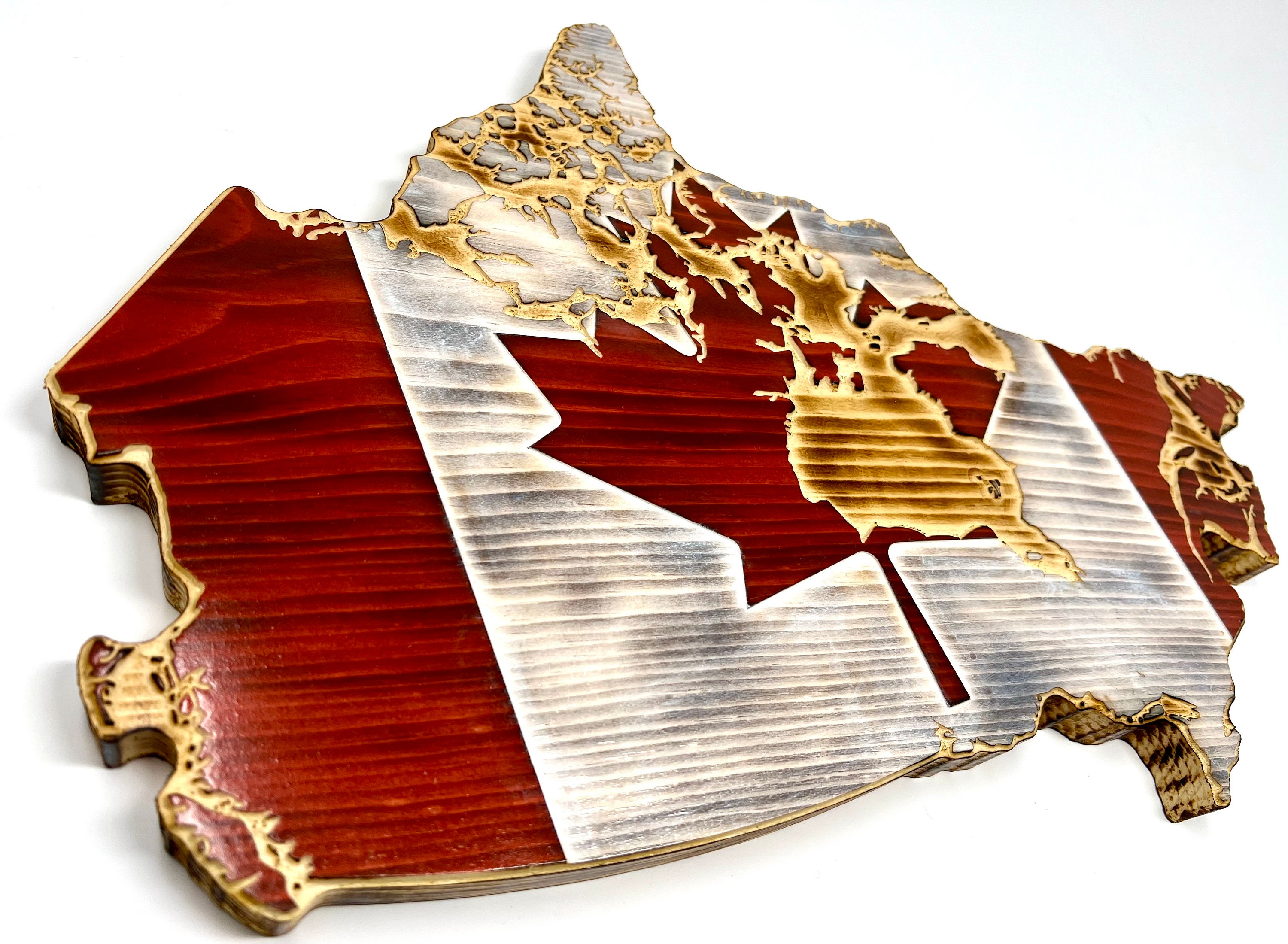 3D Wooden Canada Map Flag With Island Details Red & White Canada Shape ...