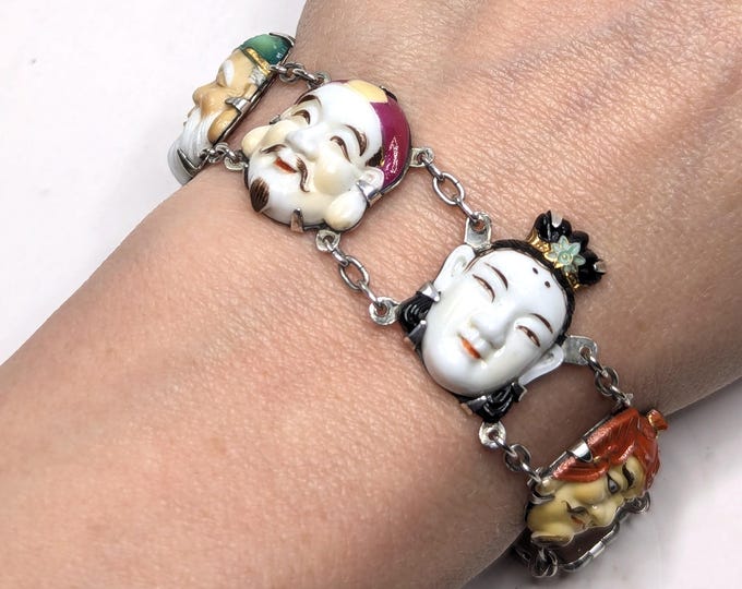 Art Deco Vintage Toshikane Porcelain Seven Gods Silver Bracelet - Etsy