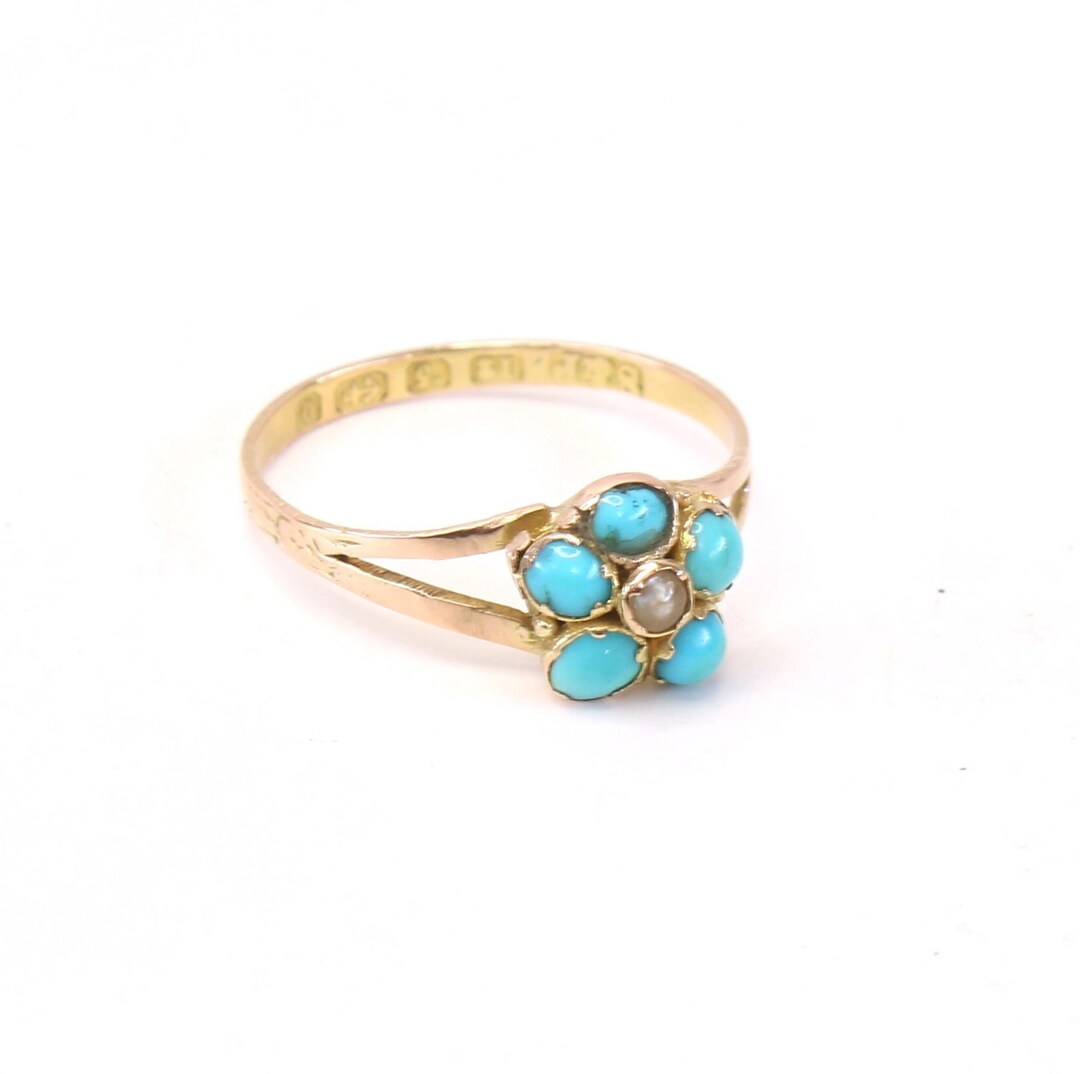 Antique Victorian 12ct Gold Pearl and Turquoise Gemstone Daisy Ring. UK ...