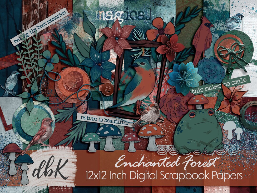 Enchanted Forest Digital Scrapbook Kit, Hand Drawn Elements, Mushroom ...