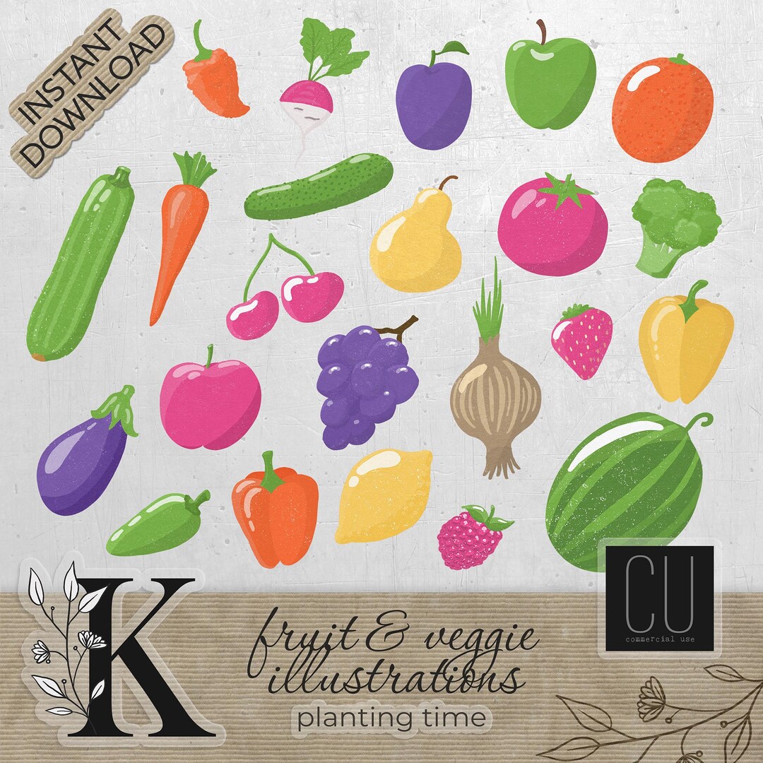 Hand Drawn Fruit Vegetable Clipart, Garden Illustrations (commercial ...