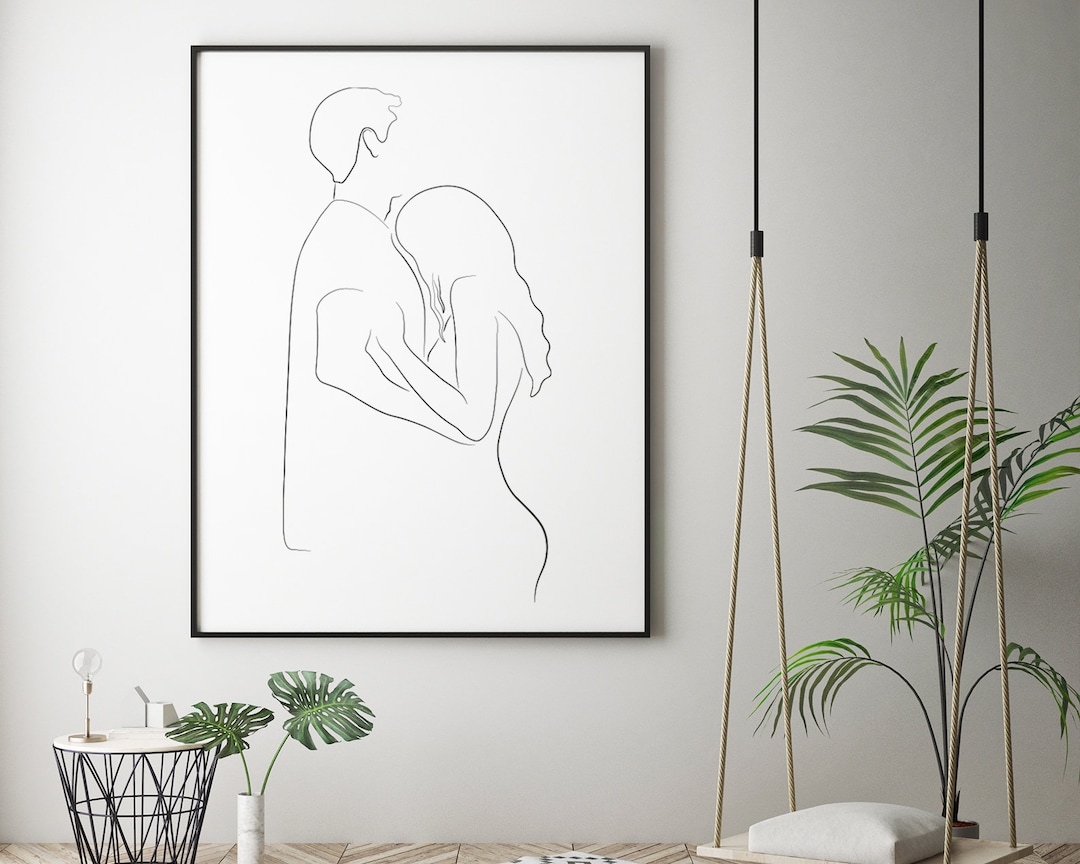 Hugging Couple Line Art Poster, Cuddle Line Art, Line Art Poster, Line ...