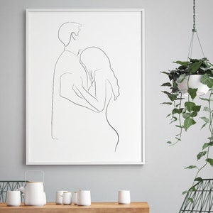 Hugging Couple Line Art Poster, Cuddle Line Art, Line Art Poster, Line ...