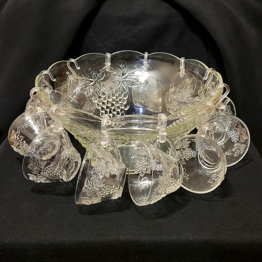 Glass Punch Bowl Set With 12 Cups Vintage Harvest Grape Pattern for ...