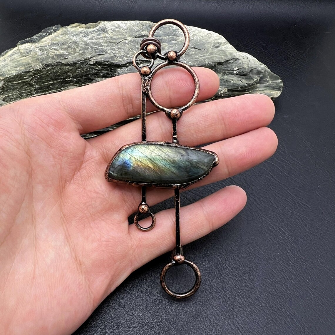 Bronze Plated Soldered Large Natural Gemstone Pendant,flash Labradorite ...