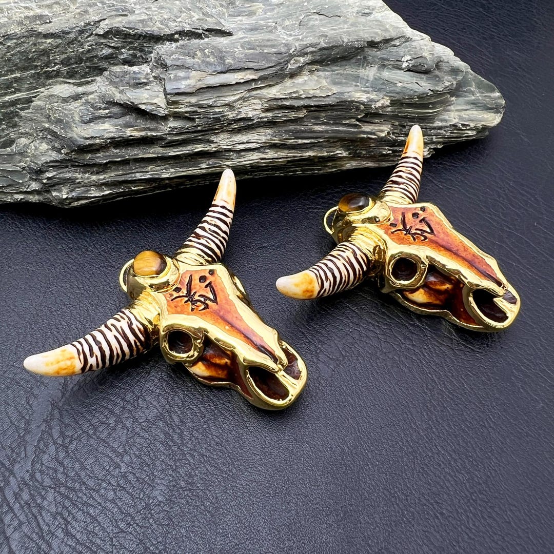 Gold Plated Large Cattle Bull Head Pendant With Tiger Eye Stone Paved ...