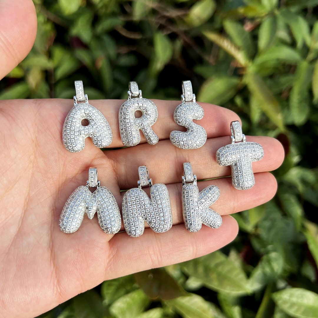 Silver Plated Bubble Initial Pendant,cubic Zircon Paved Alphabet Letter ...