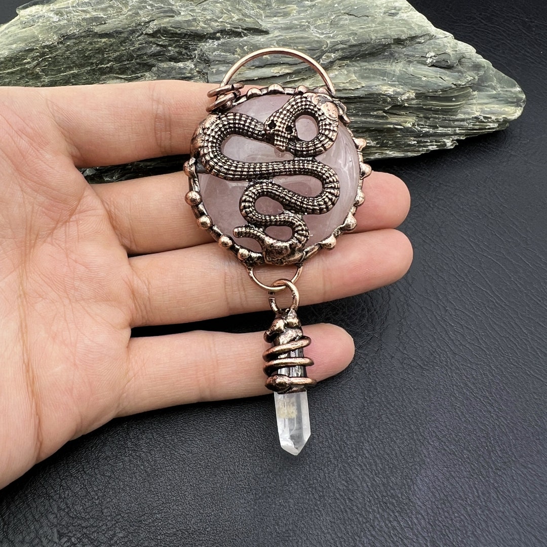 Bronze Snake Rose Quartz Pendant: Soldered Crystal Ophidian - Etsy