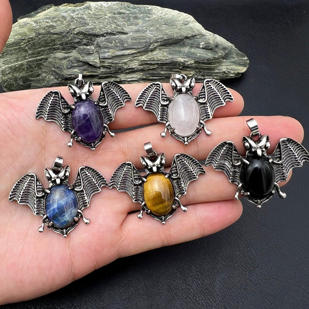Natural Gemstone Paved Cute Bat Pendant,antique Silver Plated Crystal ...