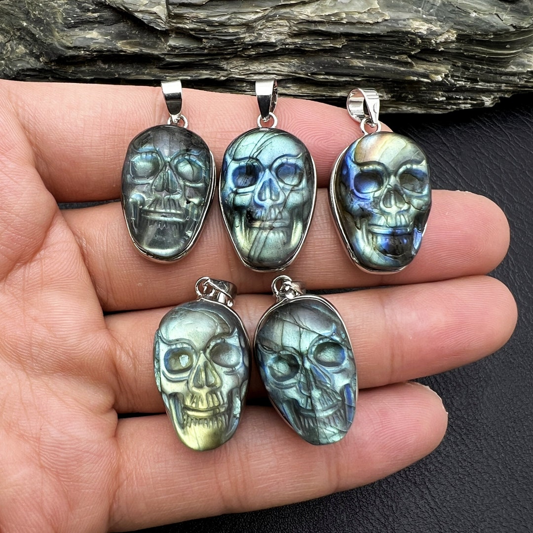 Natural Flash Labradorite Carved Skull Head Pendant,gemstone Pendant ...