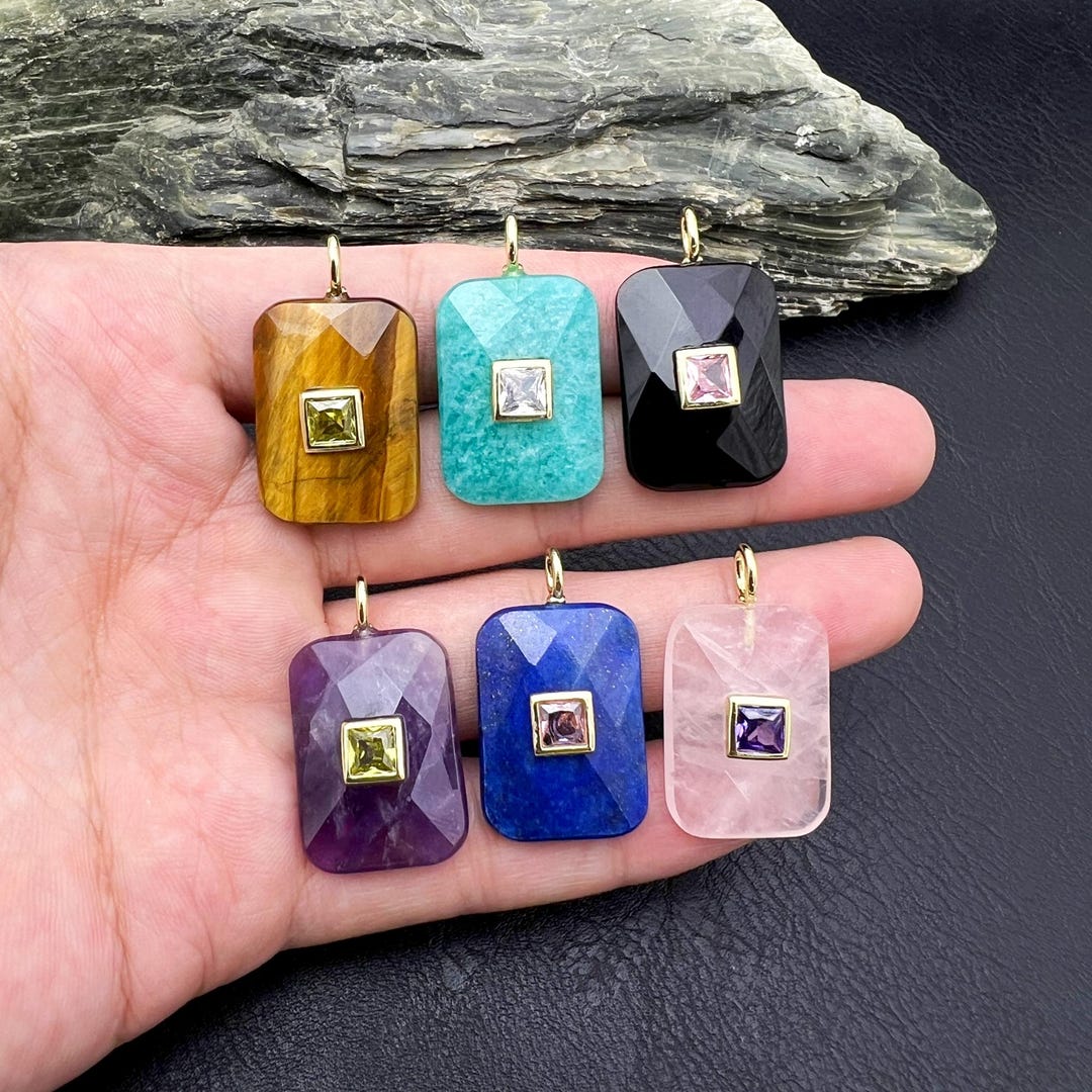 Faceted Crystal Gemstone Rectangle Pendant With CZ Paved,amethyst ...