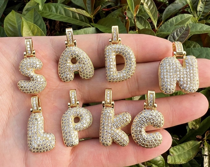 14K Gold Chunky Pave Balloon Letter Necklace Pendant Cubic Zirconia Bubble Initial Pendant 3D ...