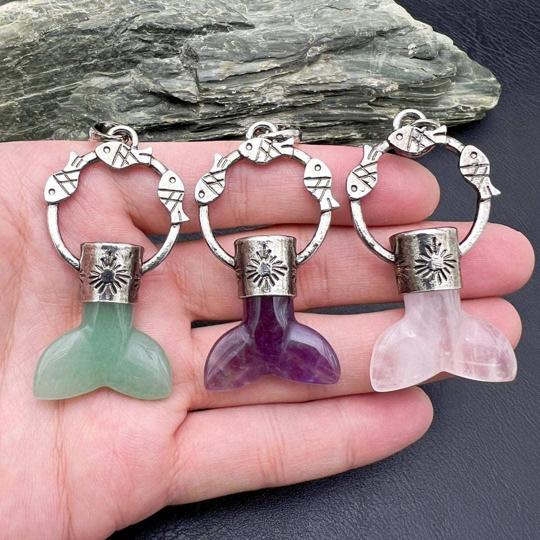 Antique Silver Plated Gemstone Fishtail Pendant,natural Crystal Rose ...