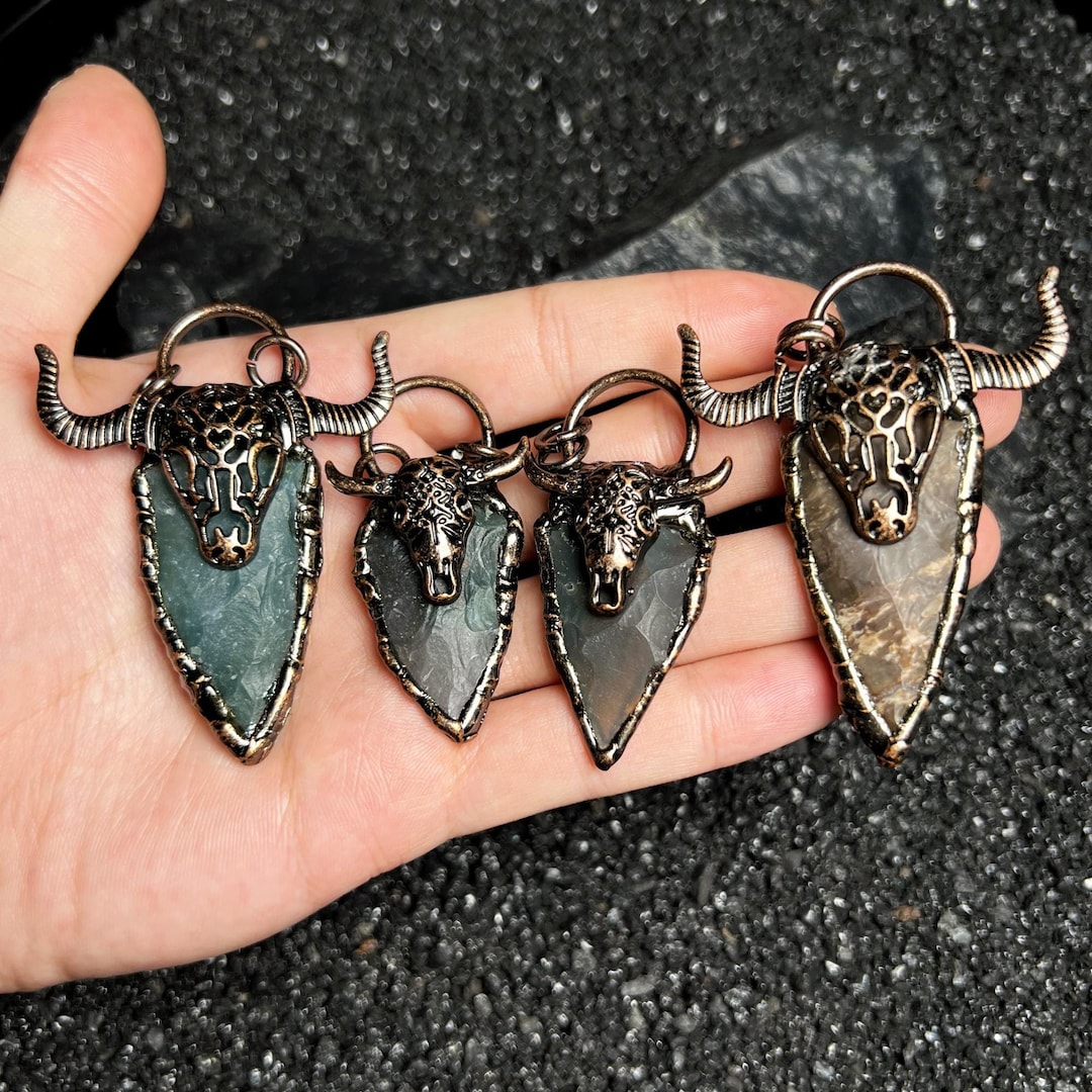 Indian Agate Bull Head Pendant: Bronze Plated Arrowhead Jewelry - Etsy