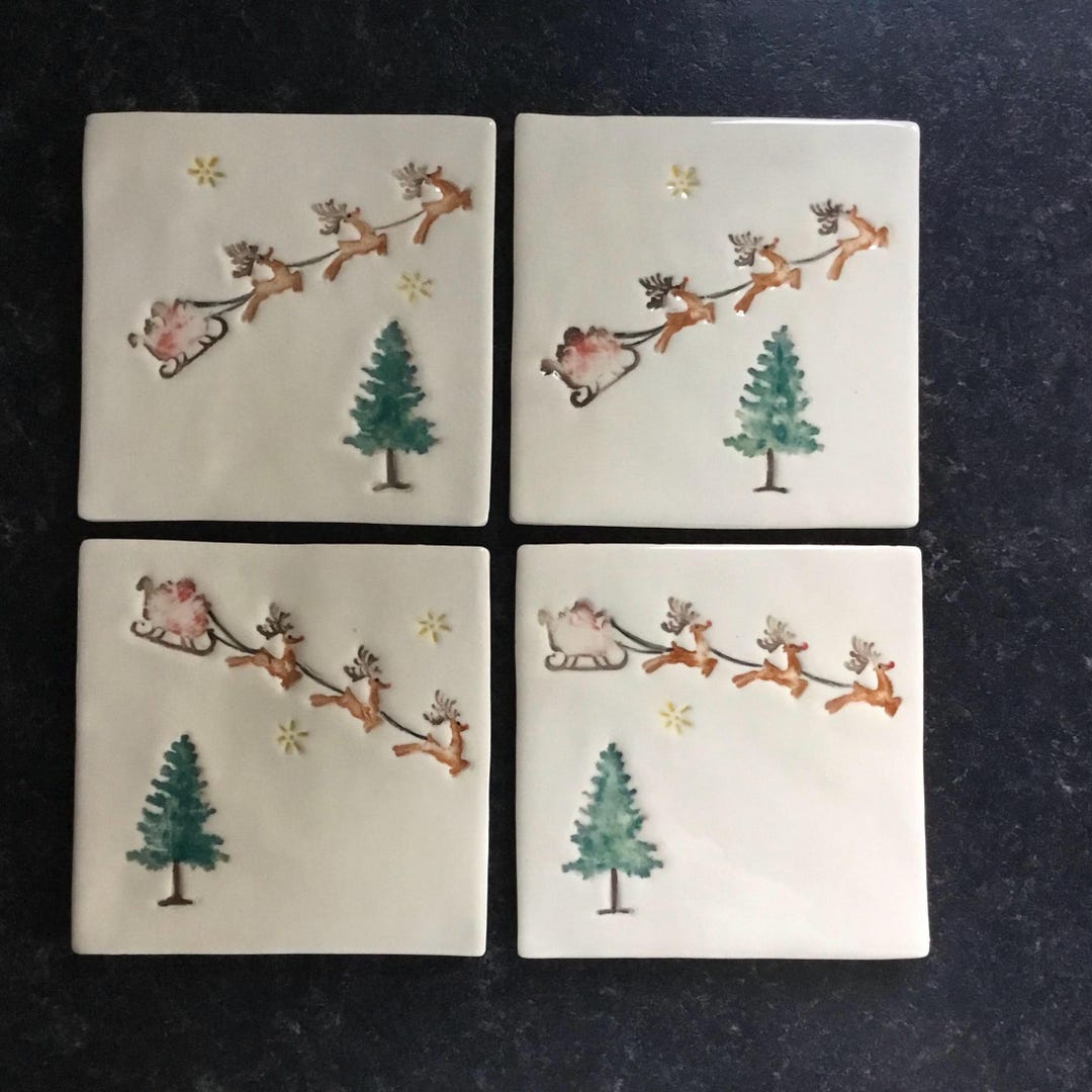 Christmas Coasters, Set of 4 Handmade Ceramic Drink Coasters, Santa ...