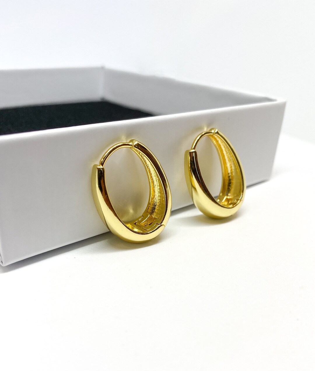 Gold Drop Hoop Earrings. Simple Gold Hoops. Medium Hoop Earrings. 24k ...