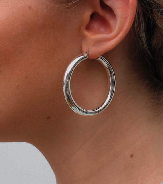 Medium chunky silver hoop earrings thick tube sterling silver hoop earrings hollow hoop earrings lightweight hoop earrings 50mm wide